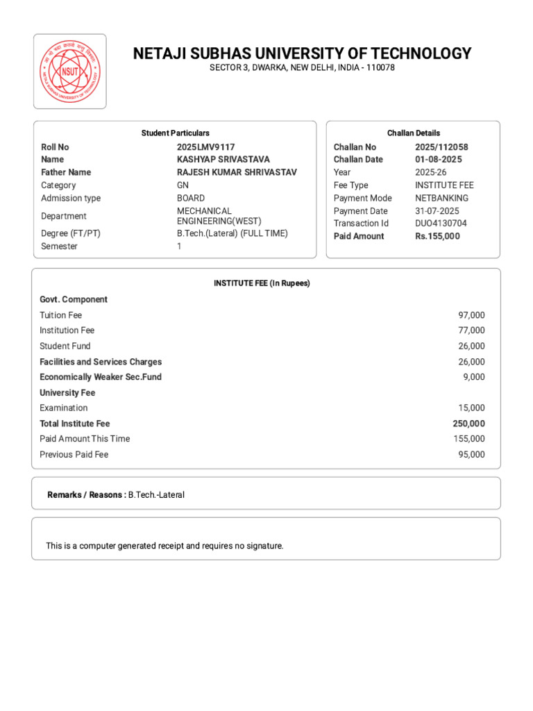 NSUT B.Tech Fee Payment Receipt | PDF
