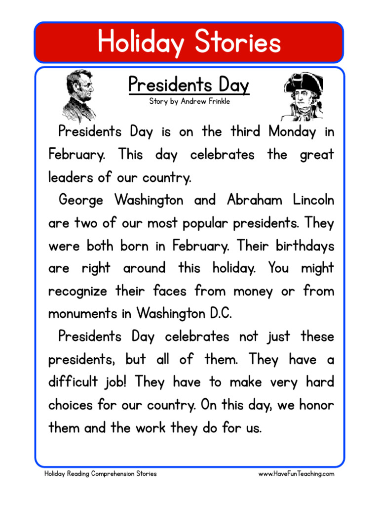 Holiday Stories Comprehension Presidents Day | PDF