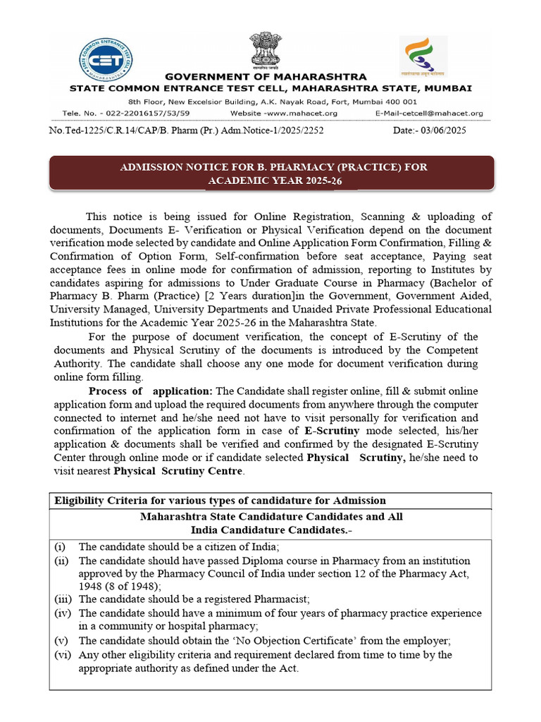 B. Pharmacy Admission Notice 2025-26 | PDF