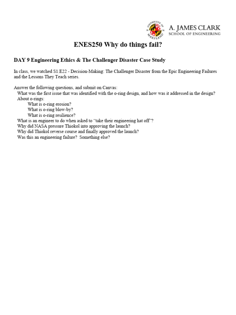 ENES250 DAY 9 Engineering Ethics & The Challenger Disaster Case Study | PDF