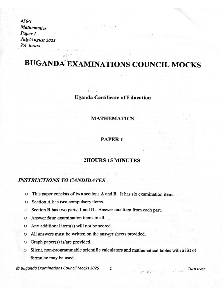 Buganda Mock UCE Math 2025 | PDF