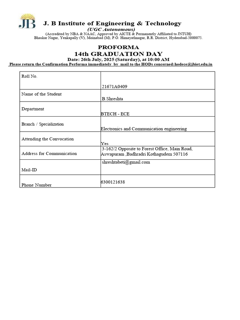 Students Confirmation Proforma | PDF