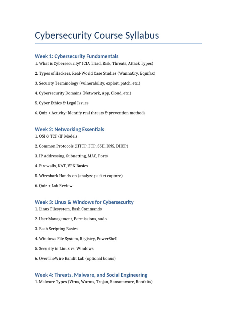 Cybersecurity Course Syllabus | PDF