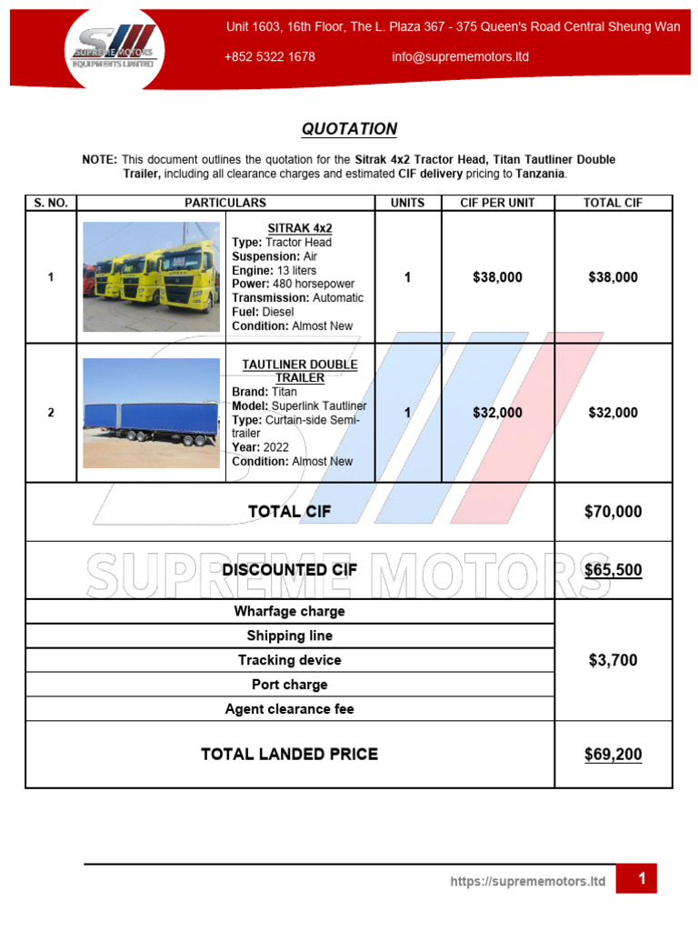 Sitrak Tractor Head & Titan Trailer Quotation | PDF