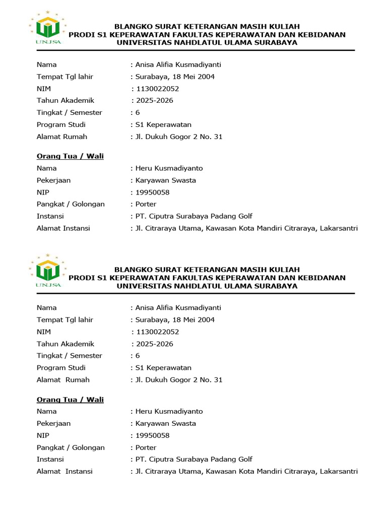 Blangko Surat Keterangan Kuliah S1 Keperawatan | PDF