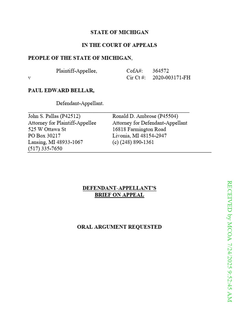 State of Michigan Vs Paul Bellar - Def. Brief On Appeal | PDF ...