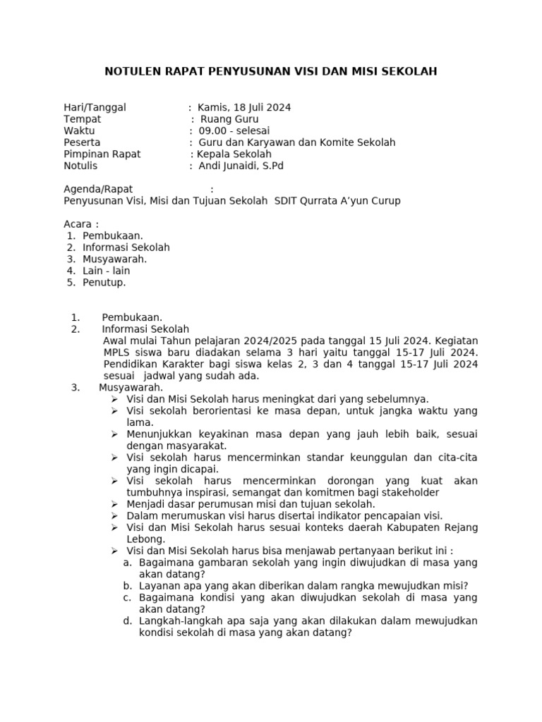 Notulen Rapat Penyusunan Visi Dan Misi Sekolah | PDF