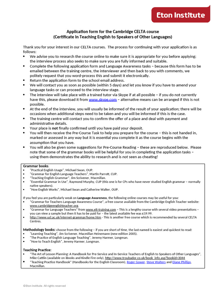 Cambridge CELTA Course Application Form | PDF | Cognition | Applied ...