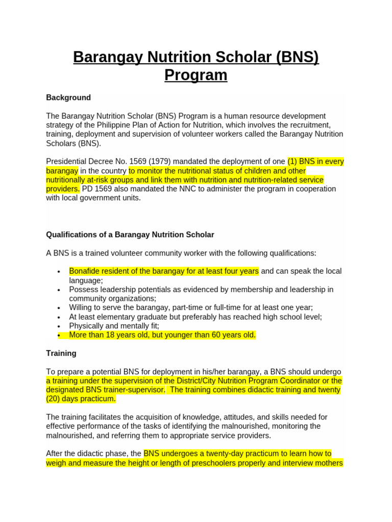 Barangay Nutrition Scholar Program Overview | PDF | Malnutrition