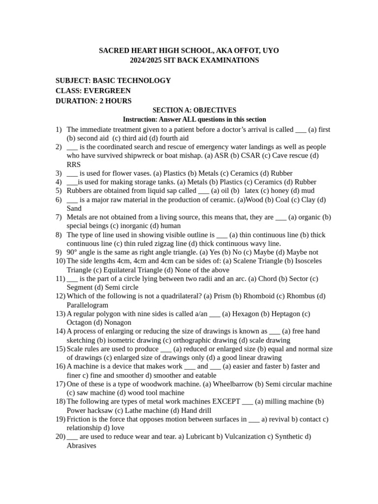 3rd Term Examination Questions For JS2 | PDF | Gear | Belt (Mechanical)