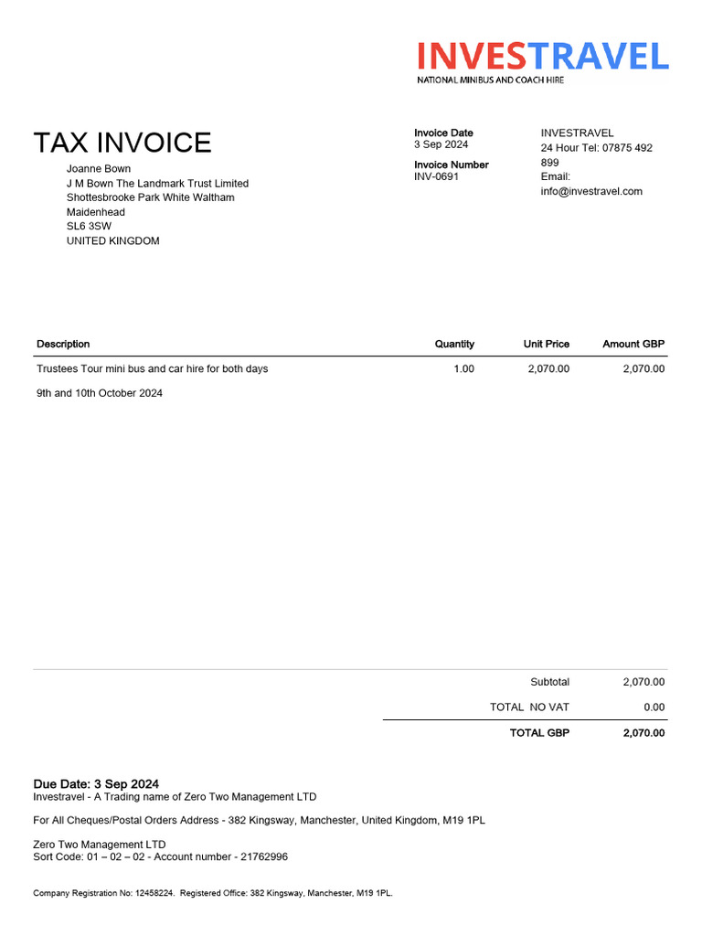 Invoice for Trustees Tour Car Hire | PDF | Invoice | Banking