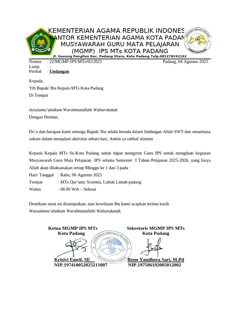 Undangan MGMP IPS MTs Kota Padang | PDF