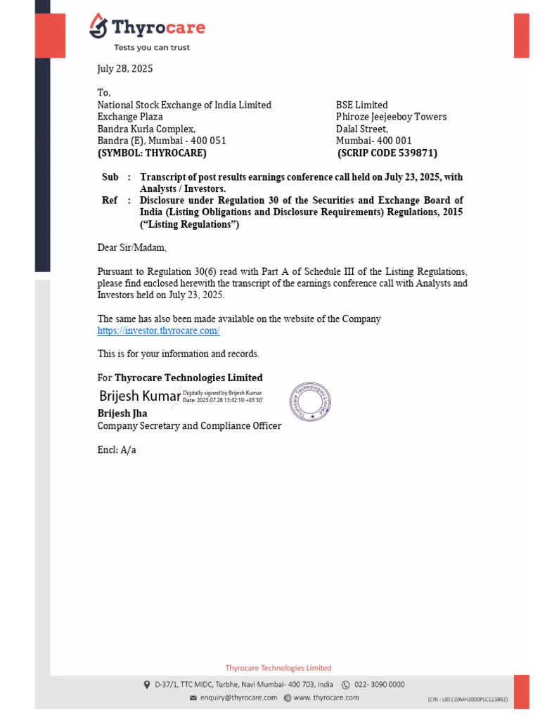 Brijesh Kumar: (Symbol: Thyrocare) (Scrip Code 539871) | PDF ...