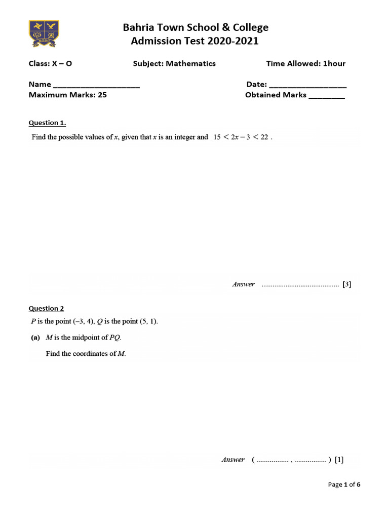 X-O Admission Test Mathematics 2020-21 | PDF