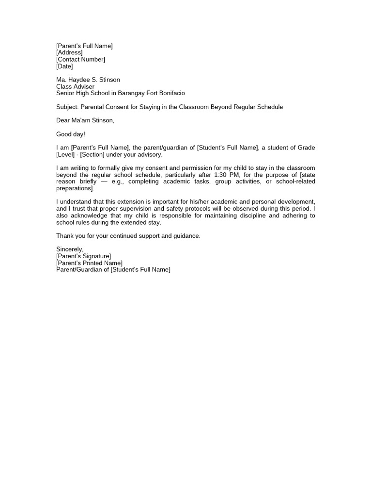 Parent Consent for Extended Classroom Stay | PDF