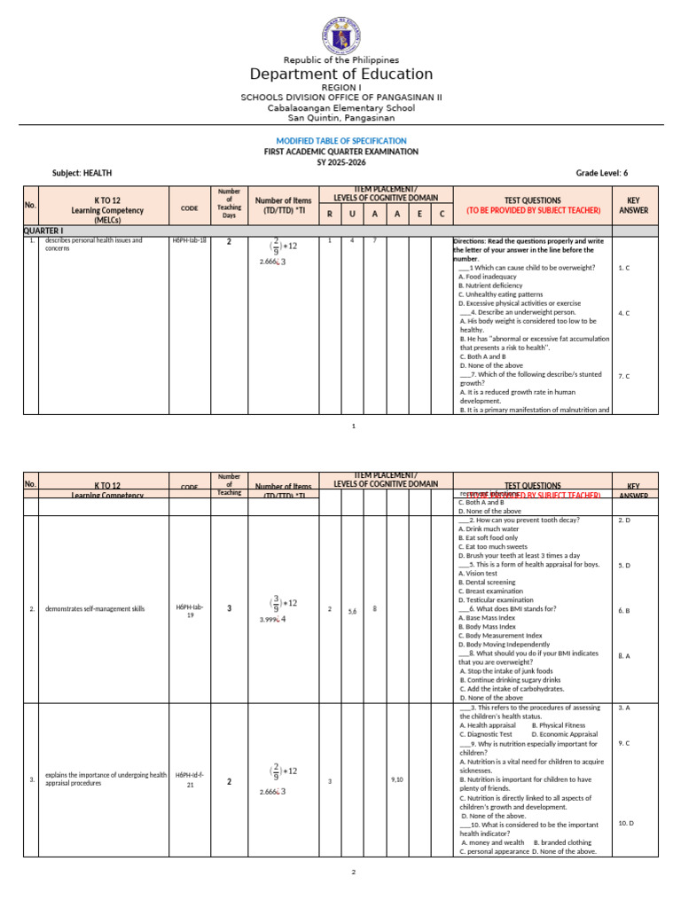 Health Exam Specs for Grade 6, SY 2025-2026 | PDF | Body Mass Index ...
