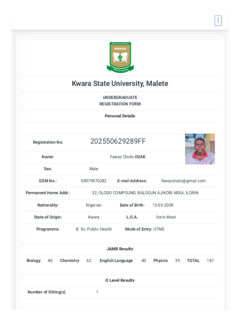 KWASU Undergraduate Registration Form | PDF | Qualifications ...