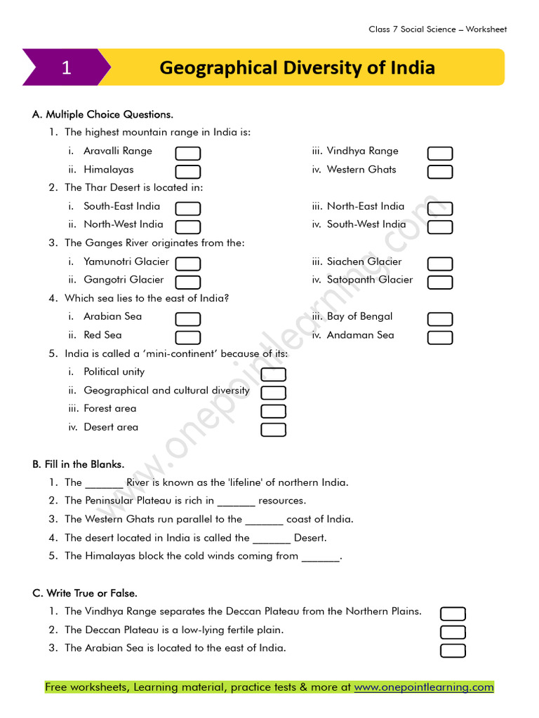 Class 7 Geography: India’s Diversity Worksheet | PDF | Himalayas ...