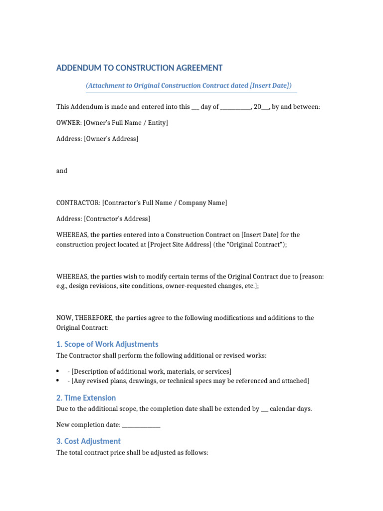 Construction Agreement Addendum Template | PDF