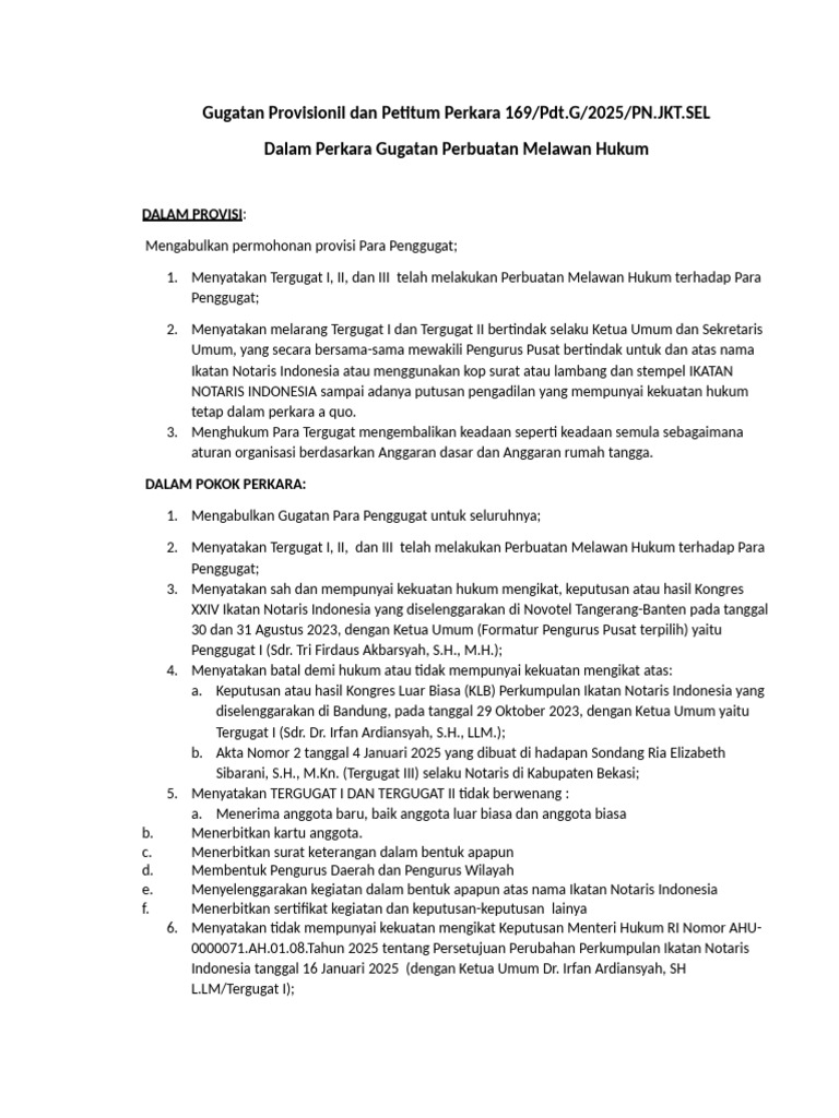 Gugatan Provisionil Dan Petitum Perkara 169 | PDF