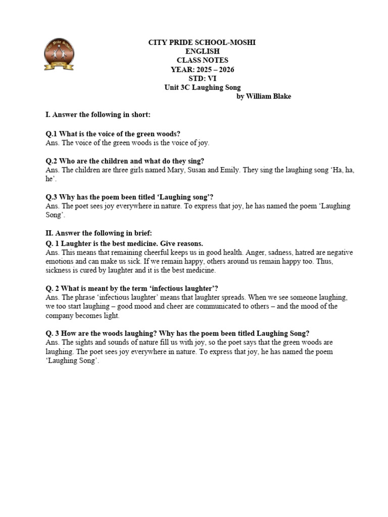 Class 6 Notes on Blake's Laughing Song | PDF