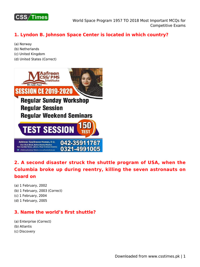 Key Space Program MCQs for Exams | PDF | Space Station | Mariner Program