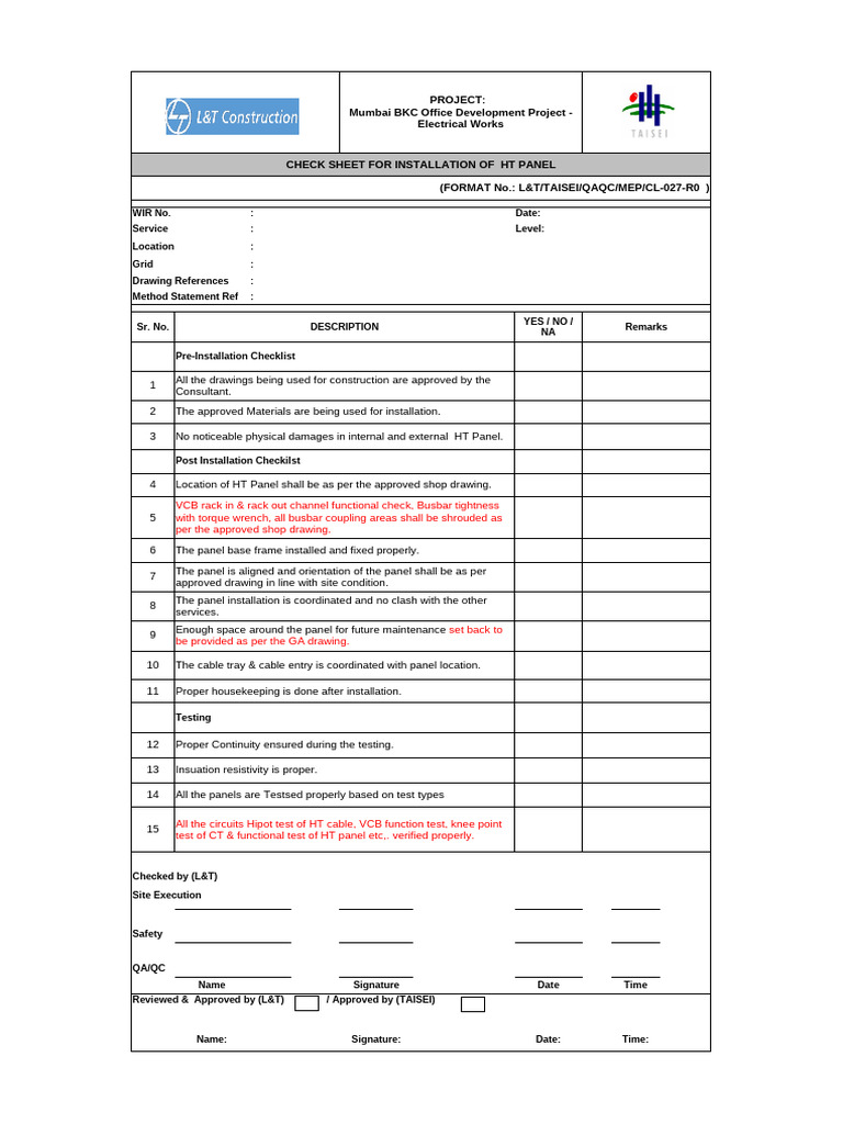 Checklist For Installation of HT Panels | PDF | Electrical Engineering ...