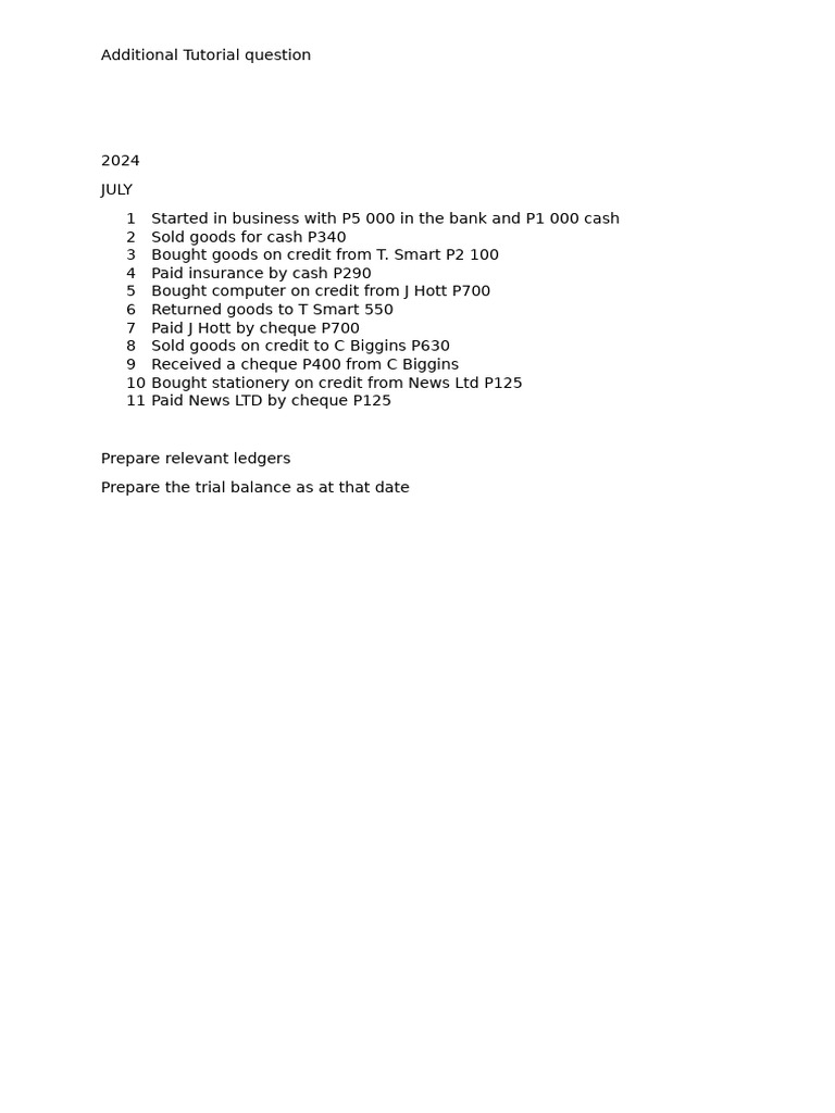 Additional Tutorial Question Ledger Accounts. | PDF