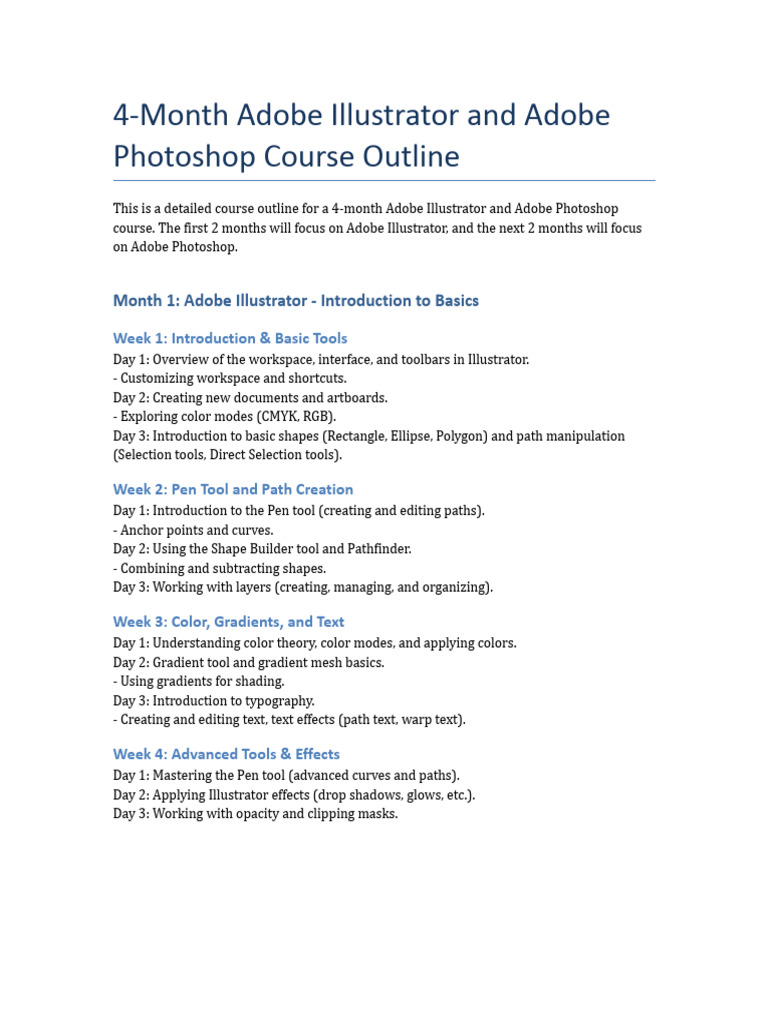 Adobe Illustrator Photoshop Course Outline | PDF | Adobe Photoshop ...