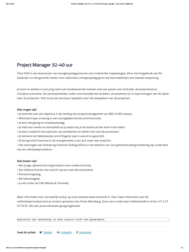 Project Manager 32-40 Uur - Time Shift Energy Storage - 2nd-Use EV ...