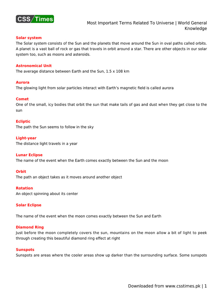Most Important Terms Related To Universe _ World General Knowledge | PDF | Planets | Sun