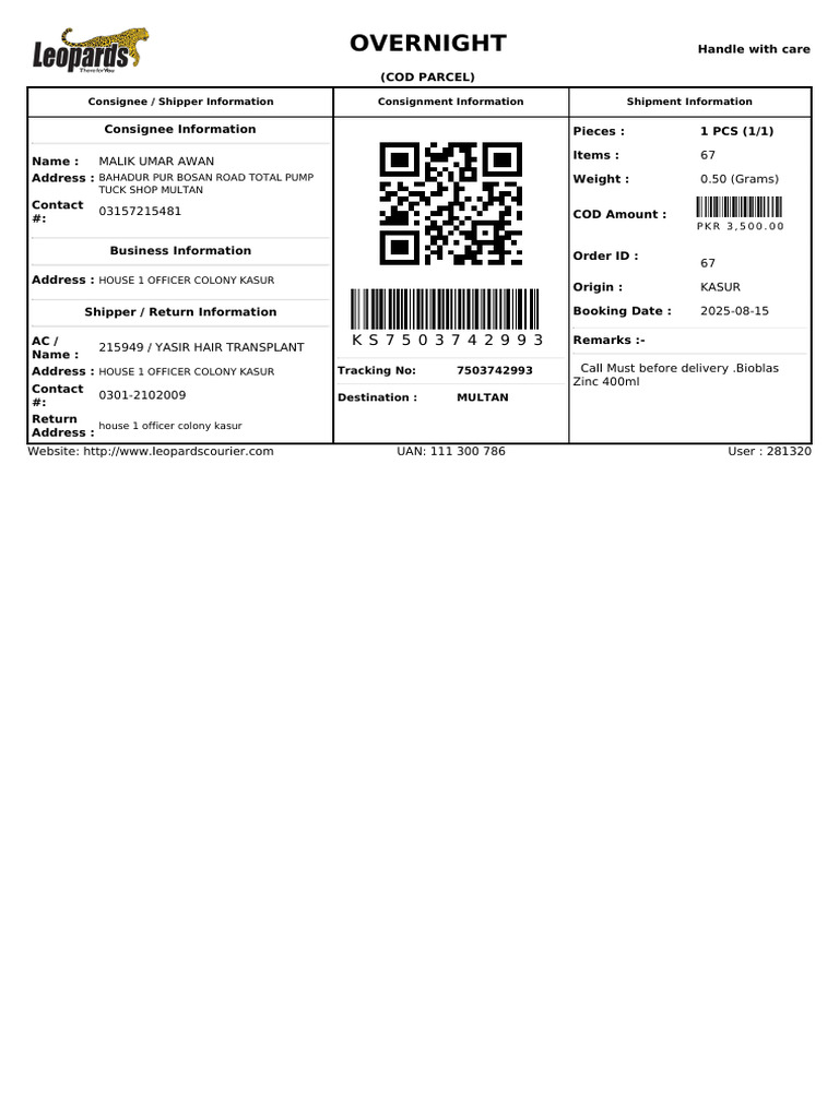 Overnight COD Parcel Shipment Details | PDF