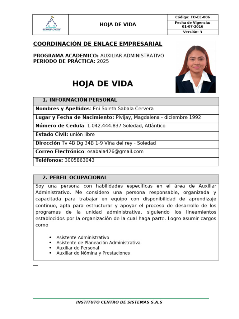 Hoja de Vida Eni Soleth Sabala Cervera | PDF