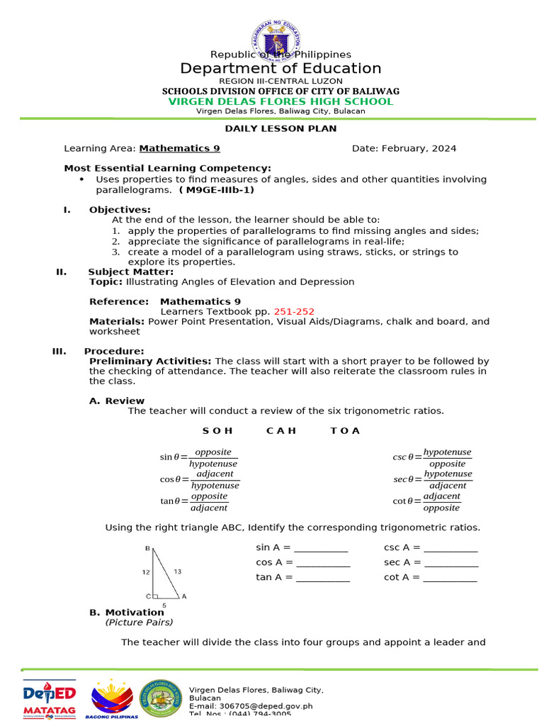 Daily Lesson Plan: Math 9 on Angles | PDF | Trigonometry | Elementary ...