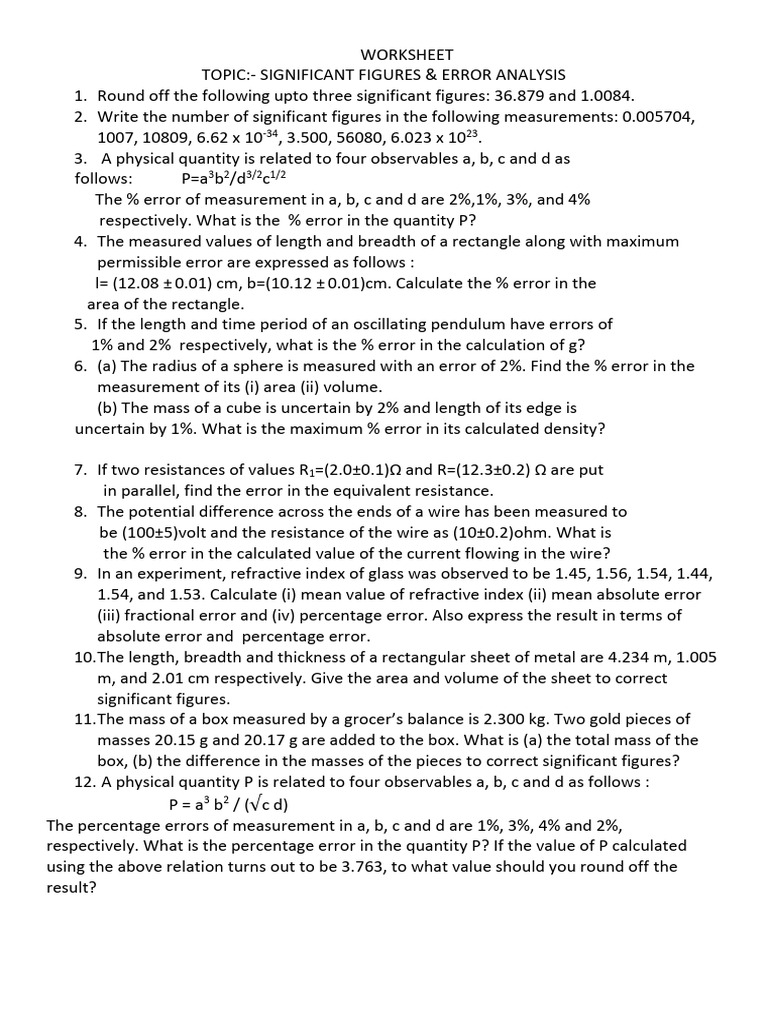 Worksheet - SF & Error Analysis | PDF | Significant Figures | Length