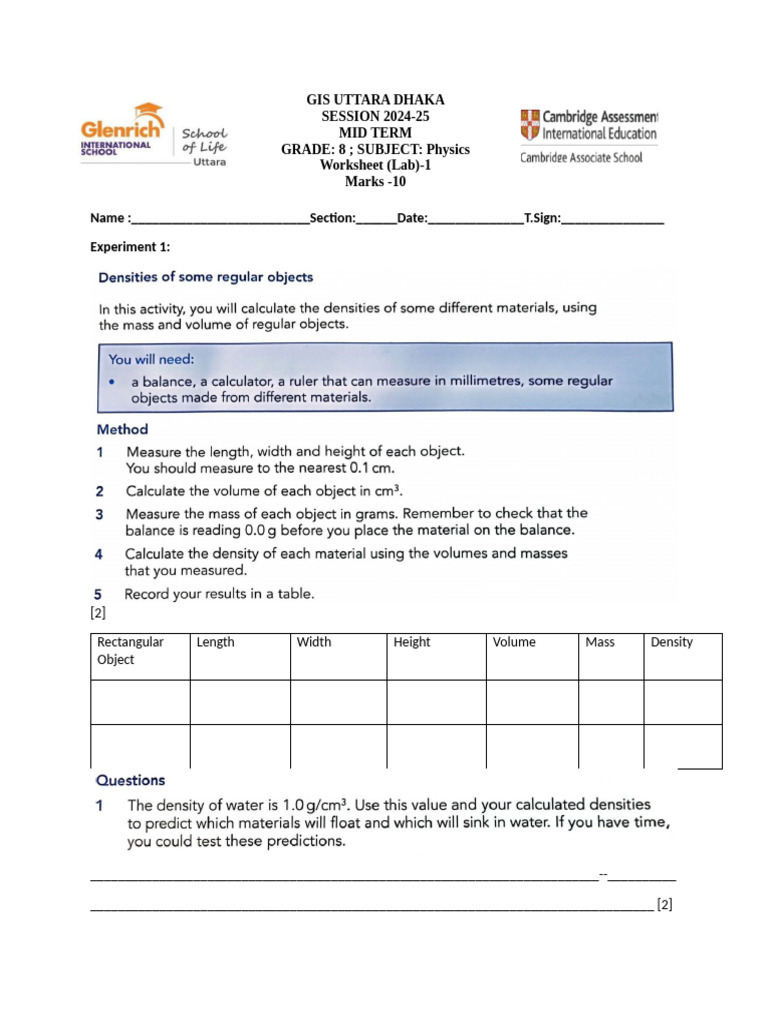 Lab Worksheet 1-Density | PDF
