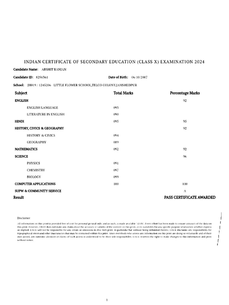 Arshit Ranjan - ICSE Marksheet | PDF