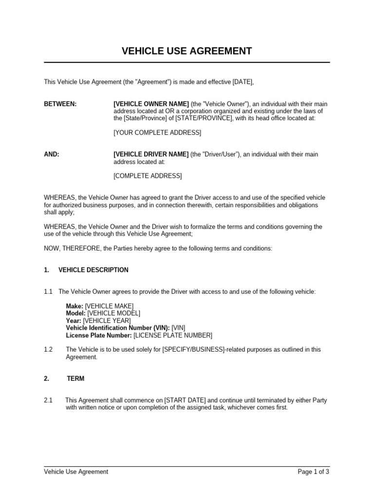 Vehicle Use Agreement D13798 | PDF | License | Vehicles