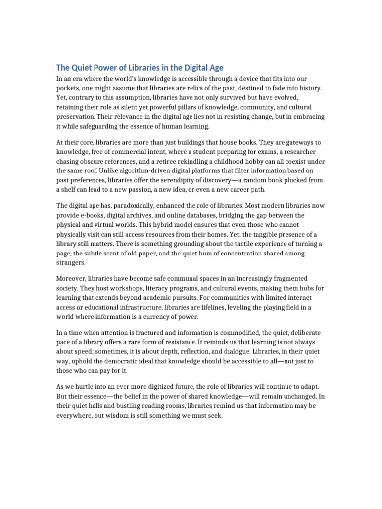 The Evolving Role of Libraries Today | PDF | Libraries | Knowledge