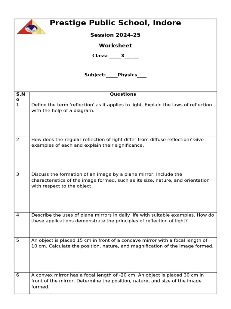 Class 10 Light Reflection Worksheet | PDF | Mirror | Glass Engineering ...