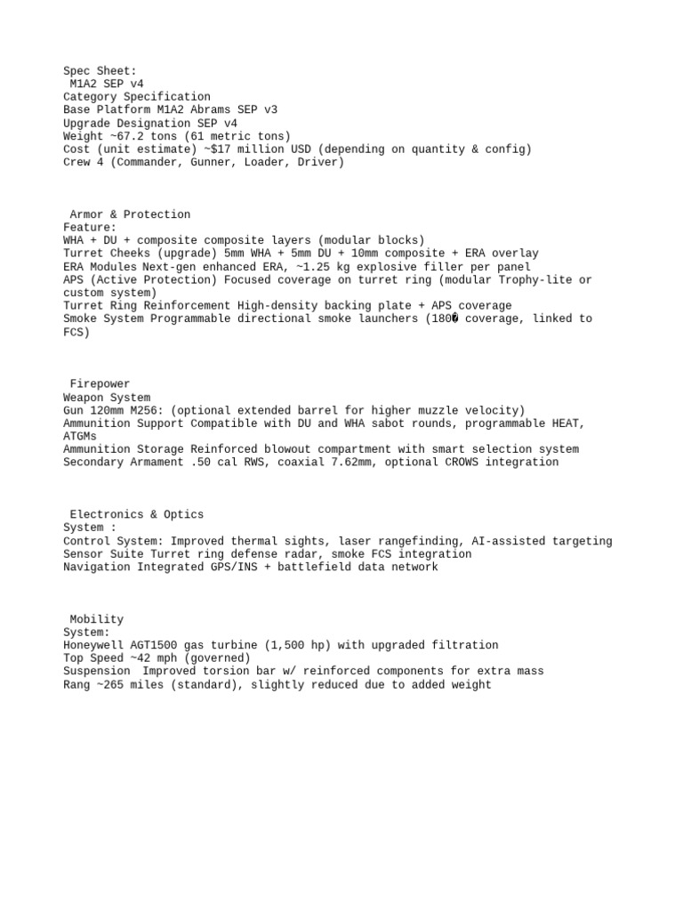 M1a2 Spec Sheet | PDF