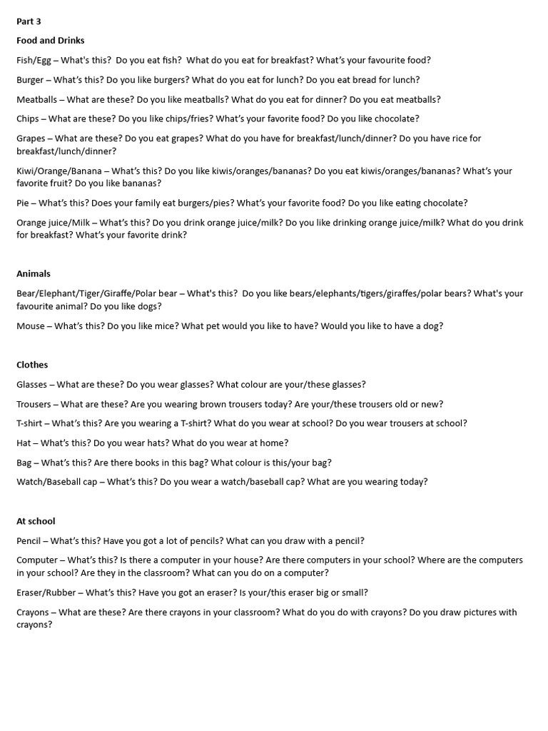 A1 Speaking Practice: Food & Animals | PDF | Lunch | Foods