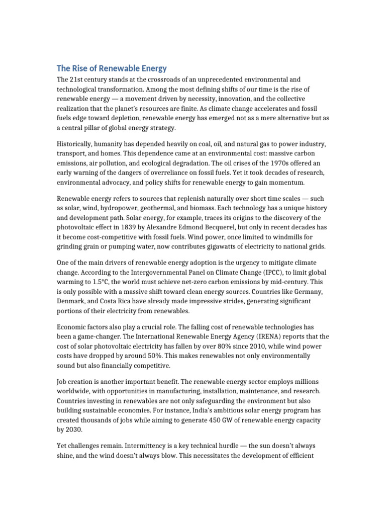 Essay 1 The Rise of Renewable Energy-2 | PDF | Renewable Energy | Wind ...