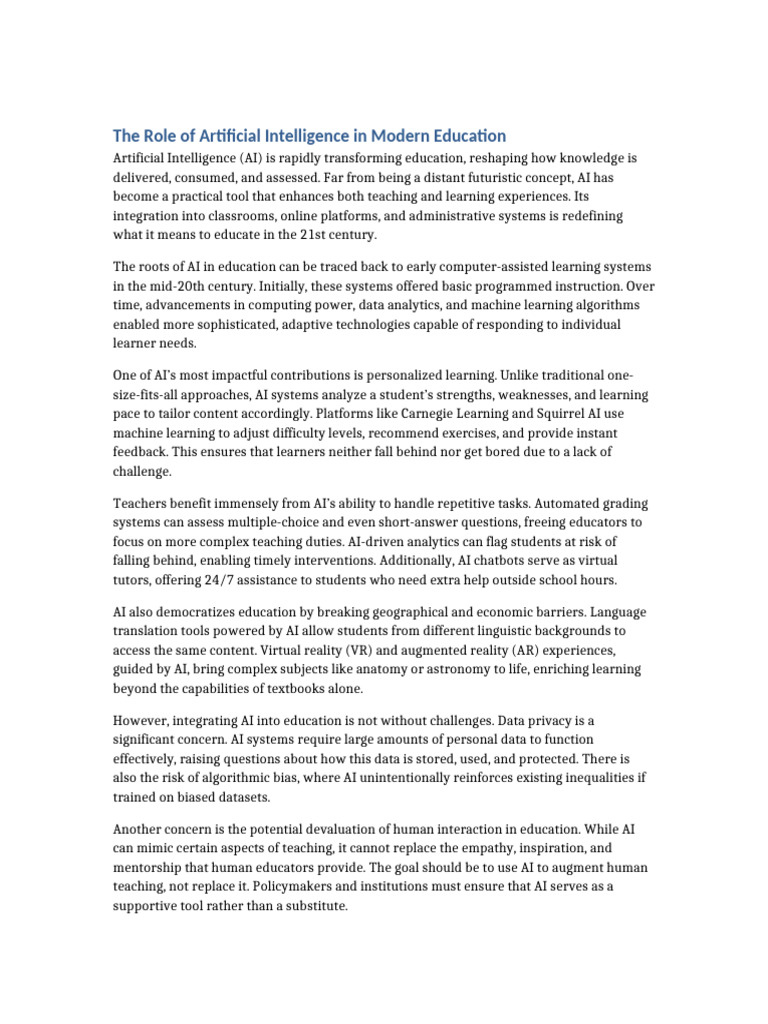 The Role of AI in Modern Education | PDF | Artificial Intelligence ...