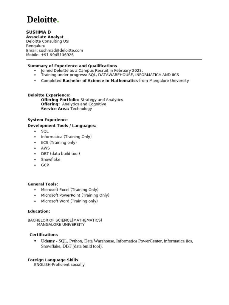 Associate Analyst Profile at Deloitte | PDF