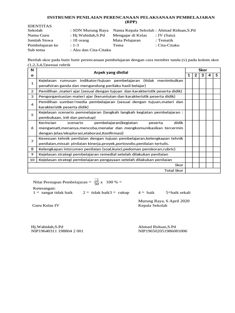 Instrumen Penilaian RPP | PDF