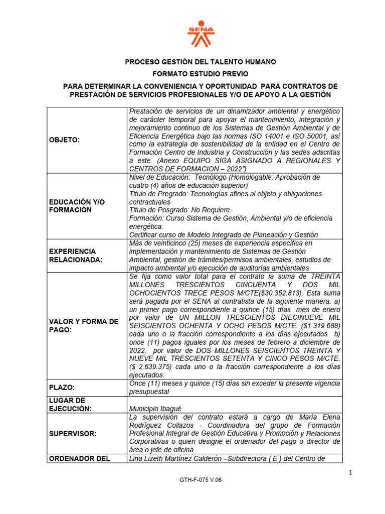 4.GTH-F-075 - V.06 - Formato - Estudios - Previos Ambiental y Energetico | PDF | Derecho laboral ...