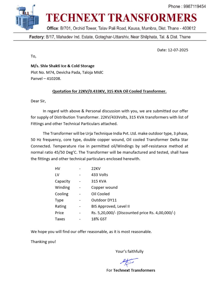 Quotation for 315 KVA Transformer | PDF | Transformer | Electromagnetism