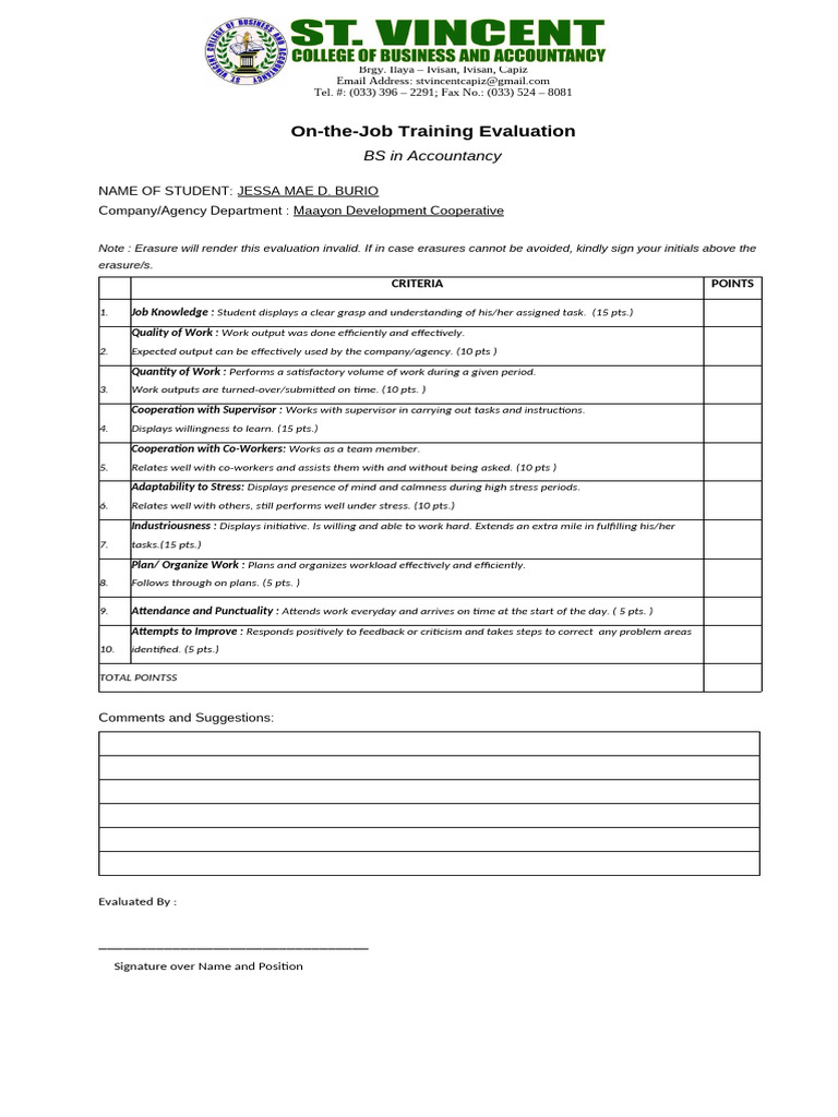 Evaluation Form Bsa Ivisan | PDF