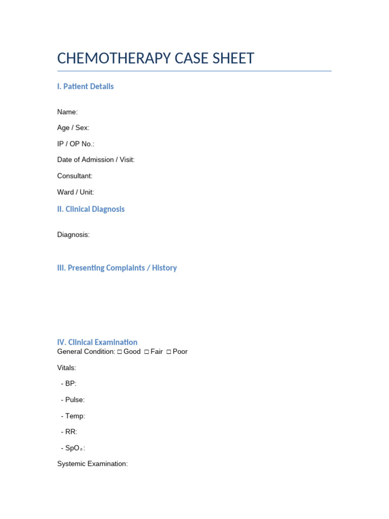 Chemotherapy Case Sheet Template | PDF